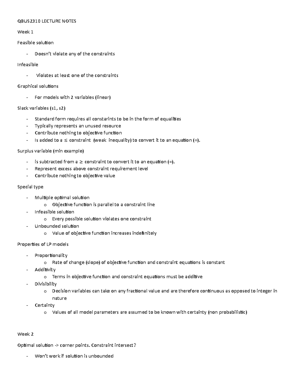 QBUS2310 Lecture Notes - QBUS2310 LECTURE NOTES Week 1 Feasible ...