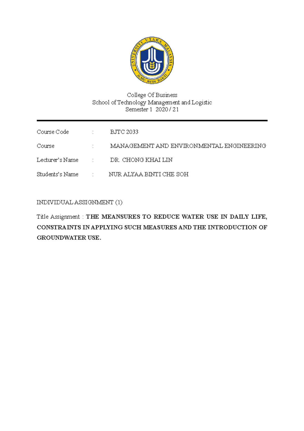 BJTC 2033 Environmental Engineering - College Of Business School of ...