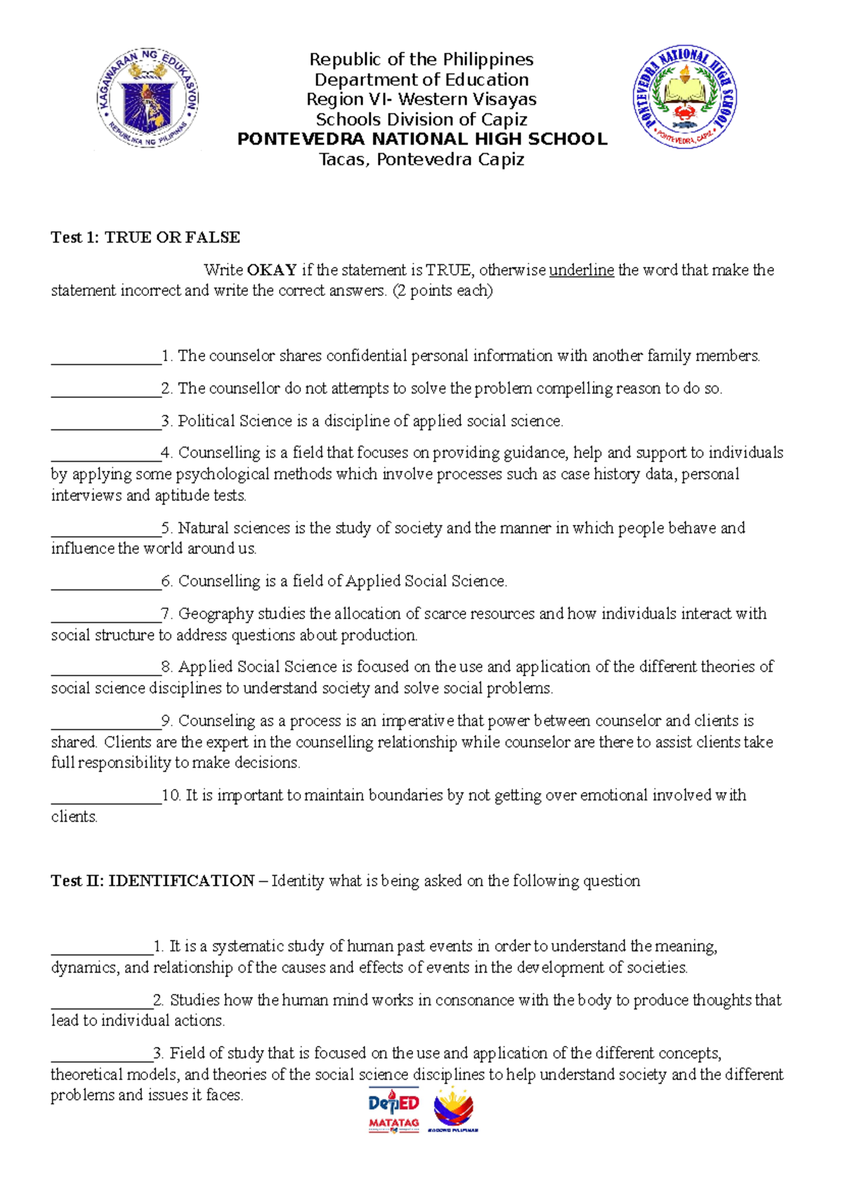 Summative test- Lesson 1 - Republic of the Philippines Department of ...