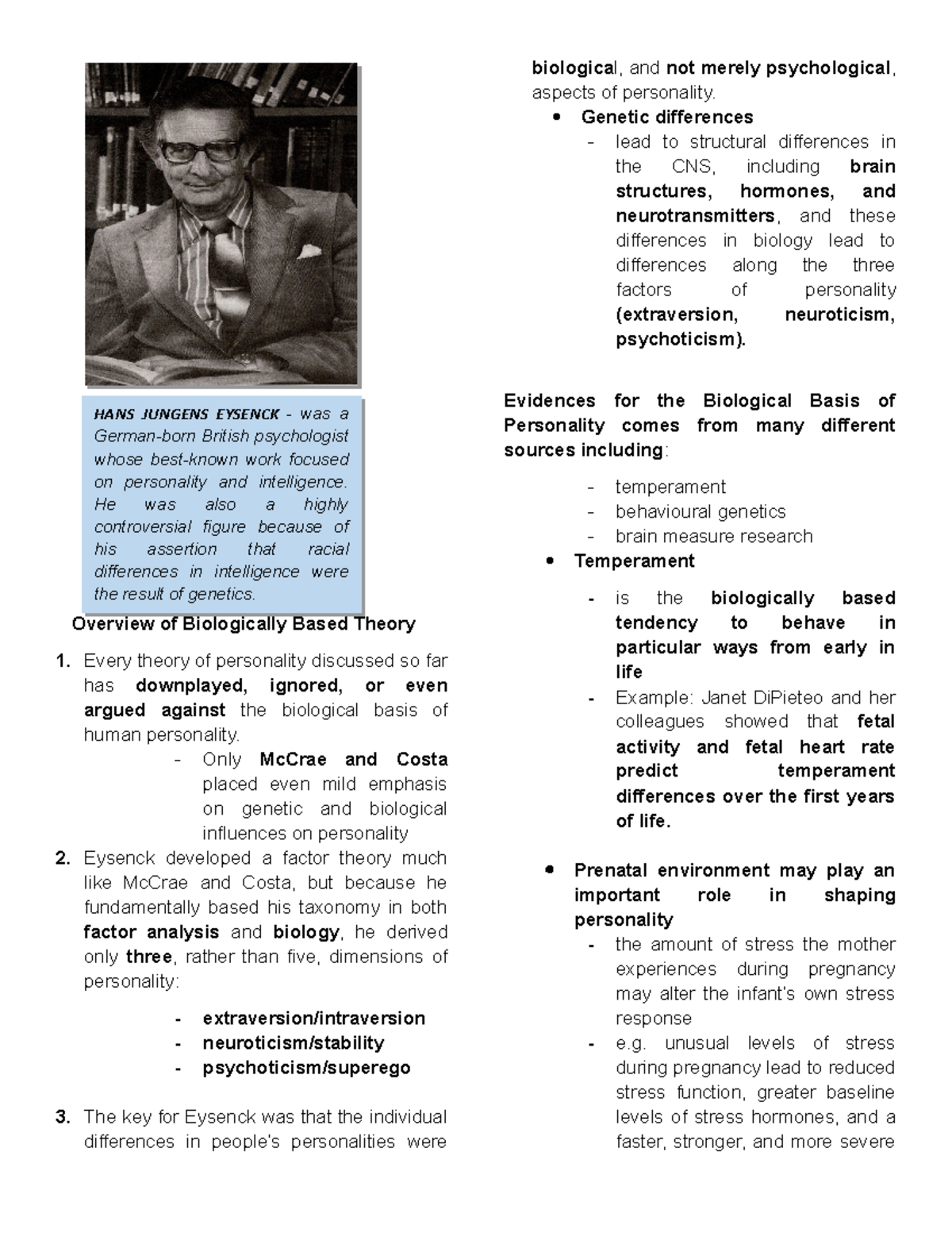 HANS EYSENCK (FACTOR TRAIT THEORY) - Overview of Biologically Based ...