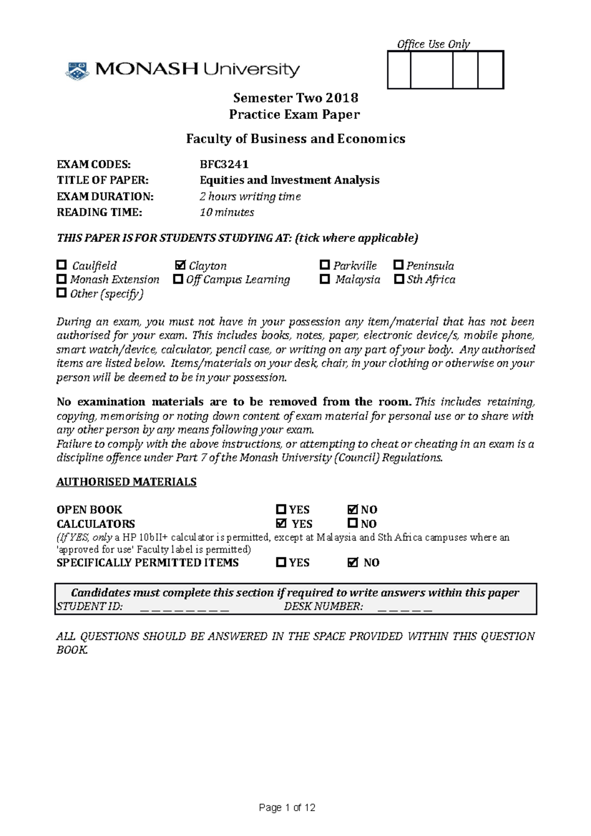 Practice Exam 2015, answers - Office Use Only Semester Two 2018 ...