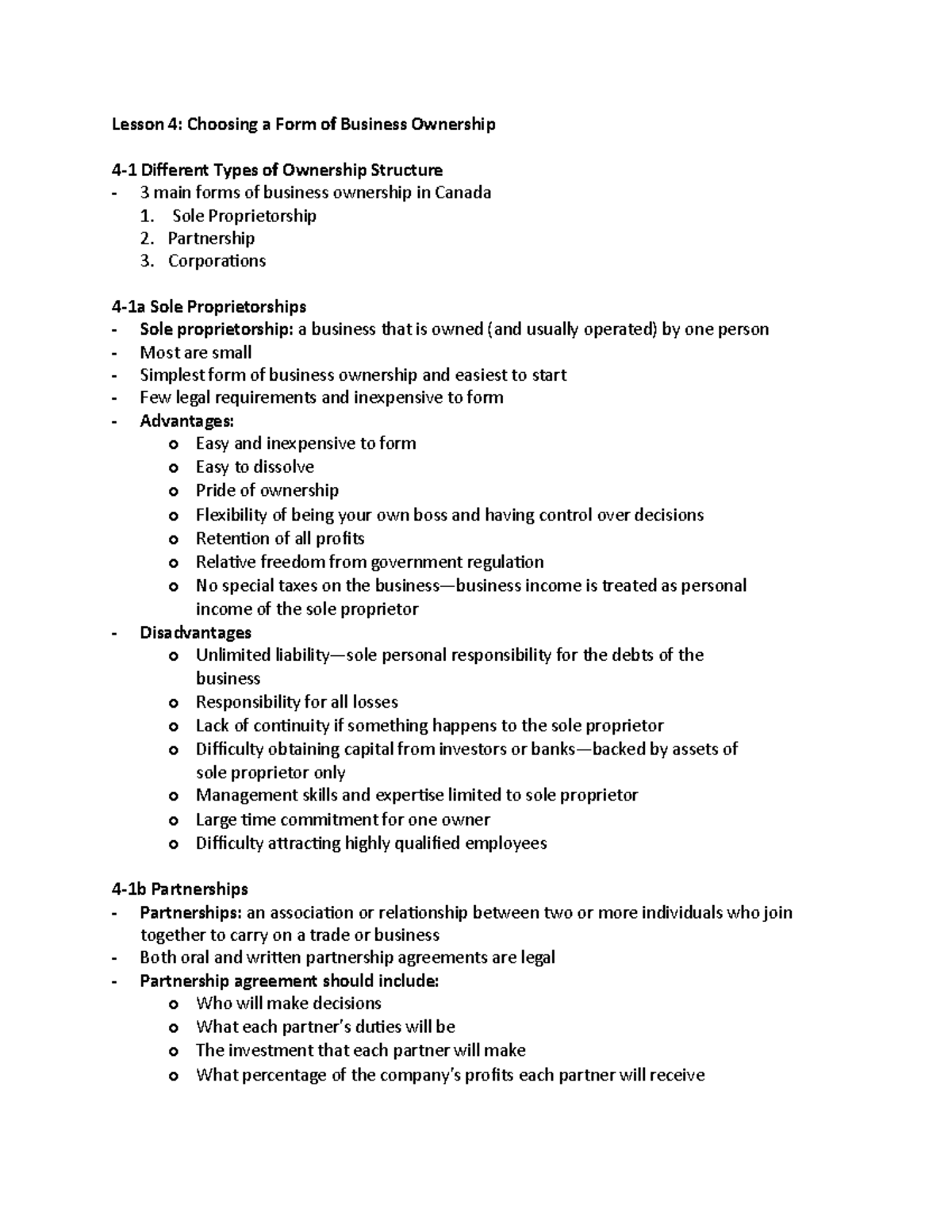 Lesson 4 - Business Ownership - Lesson 4: Choosing a Form of Business ...