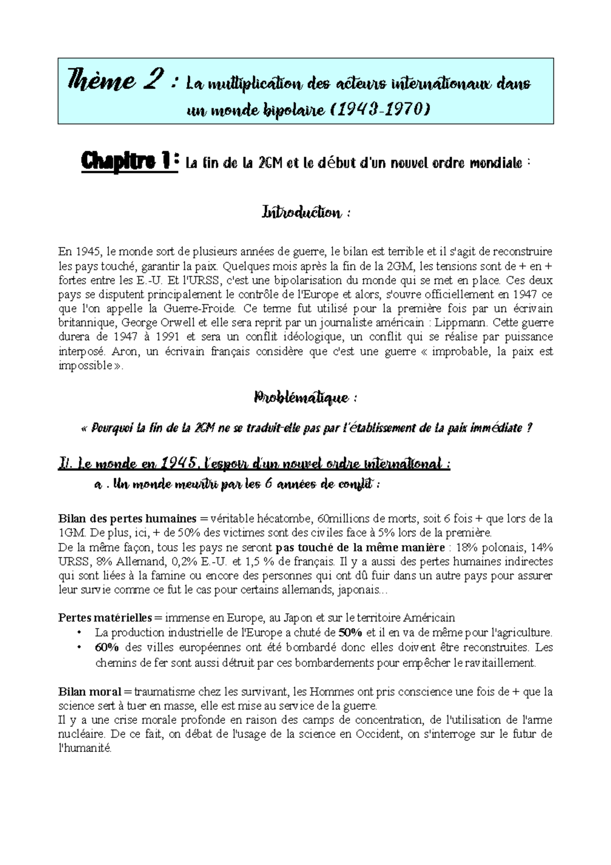 Histoire TH2 H1 - Thème 2 : La multiplication des acteurs internationaux dans un monde bipolaire ...