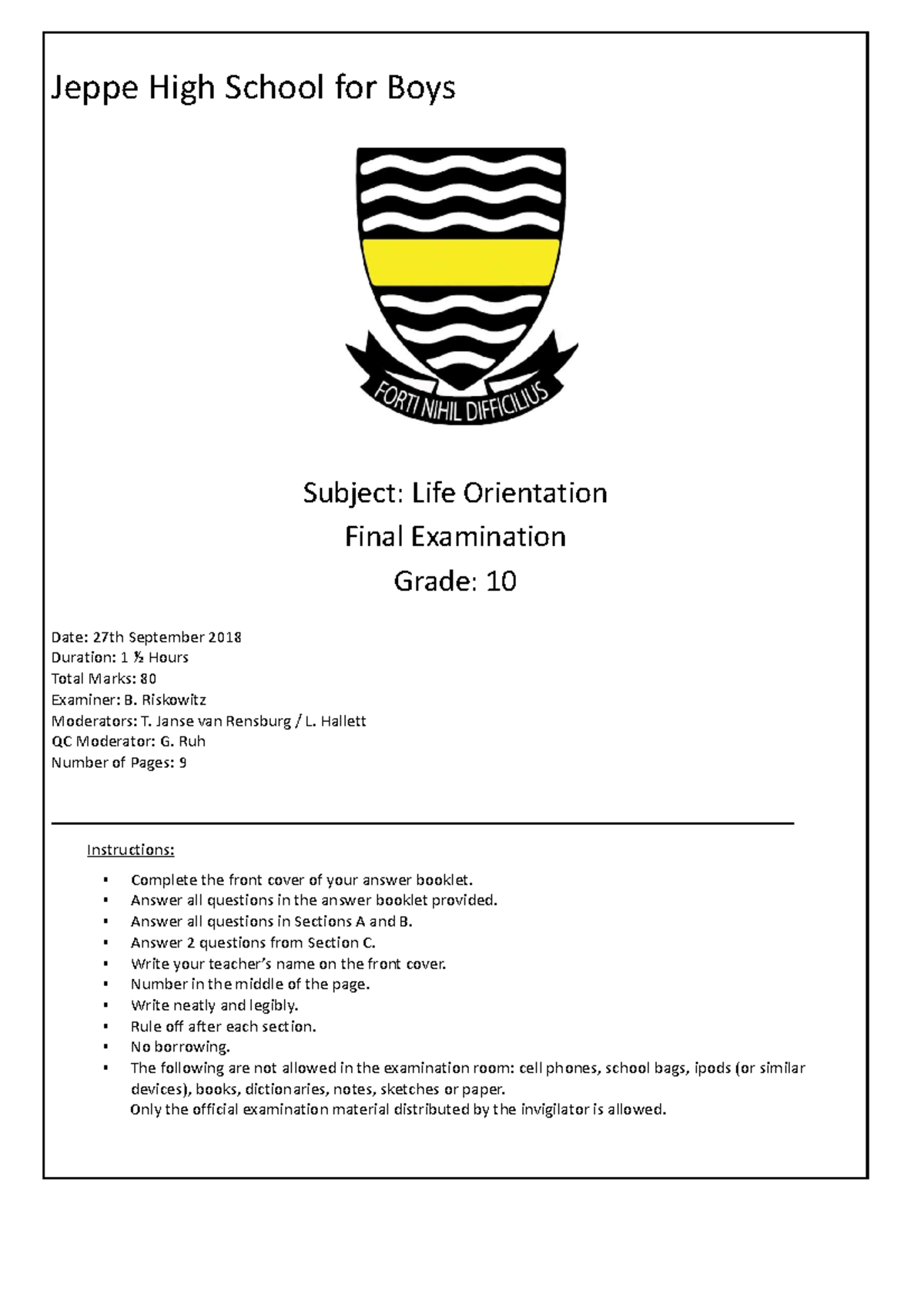 Grade 10 LO Exam Term 4 - 2018 Final - Jeppe High School for Boys ...