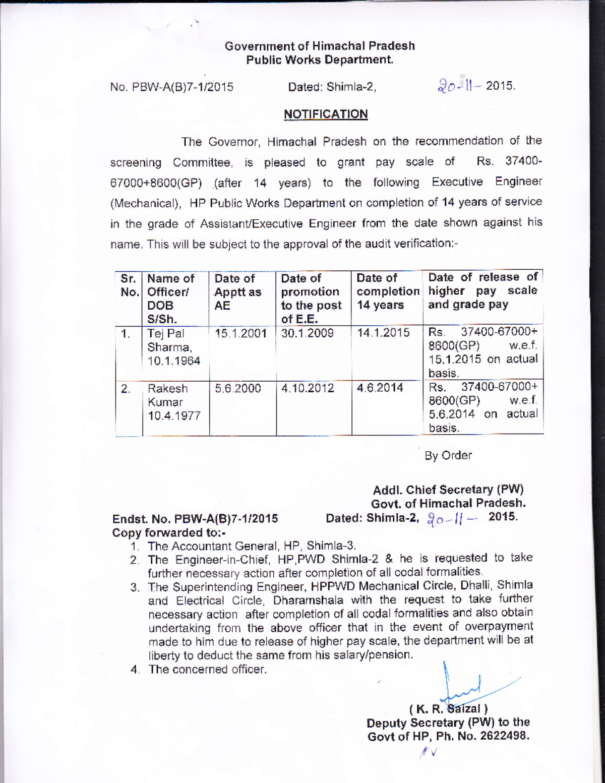 Grant pay scale to EE(Mech - Government of Himachal Pradesh Public ...