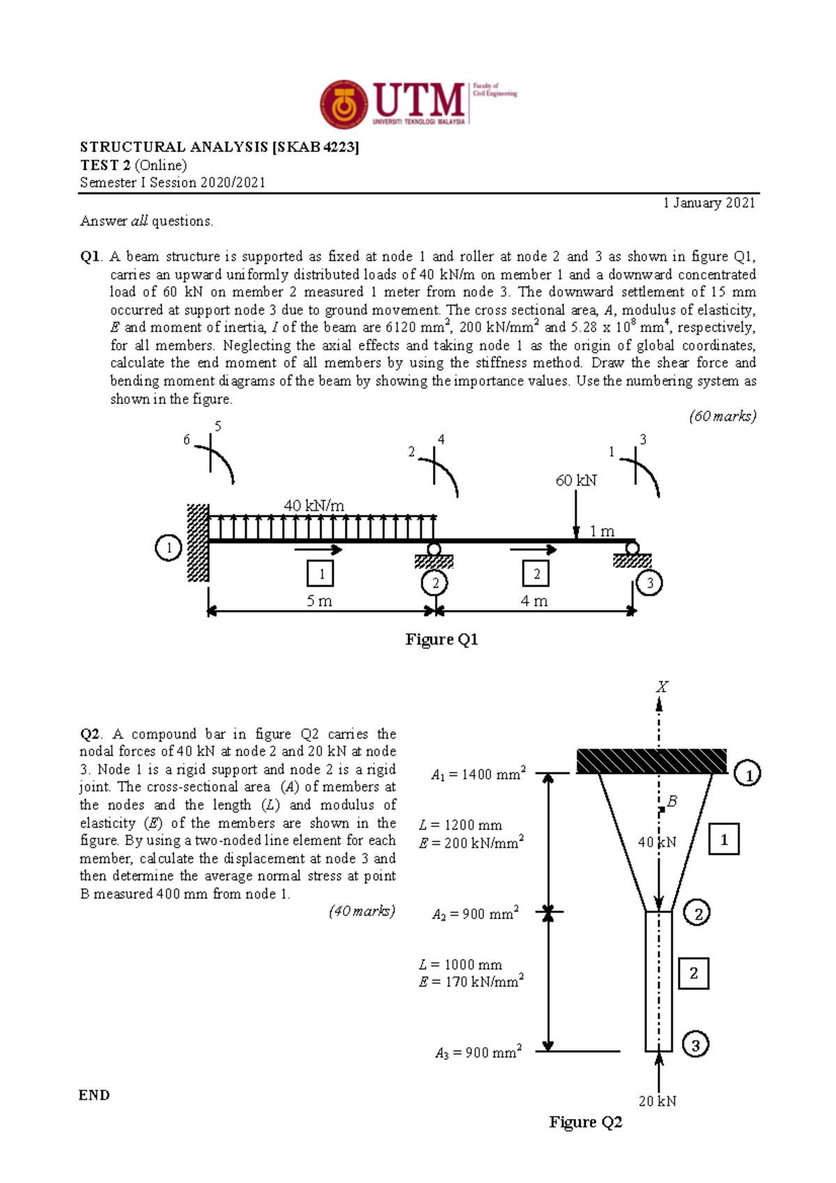 Exam 7 December 2020, questions - STRUCTURAL ANALYSIS [SKAB 4223] TEST ...