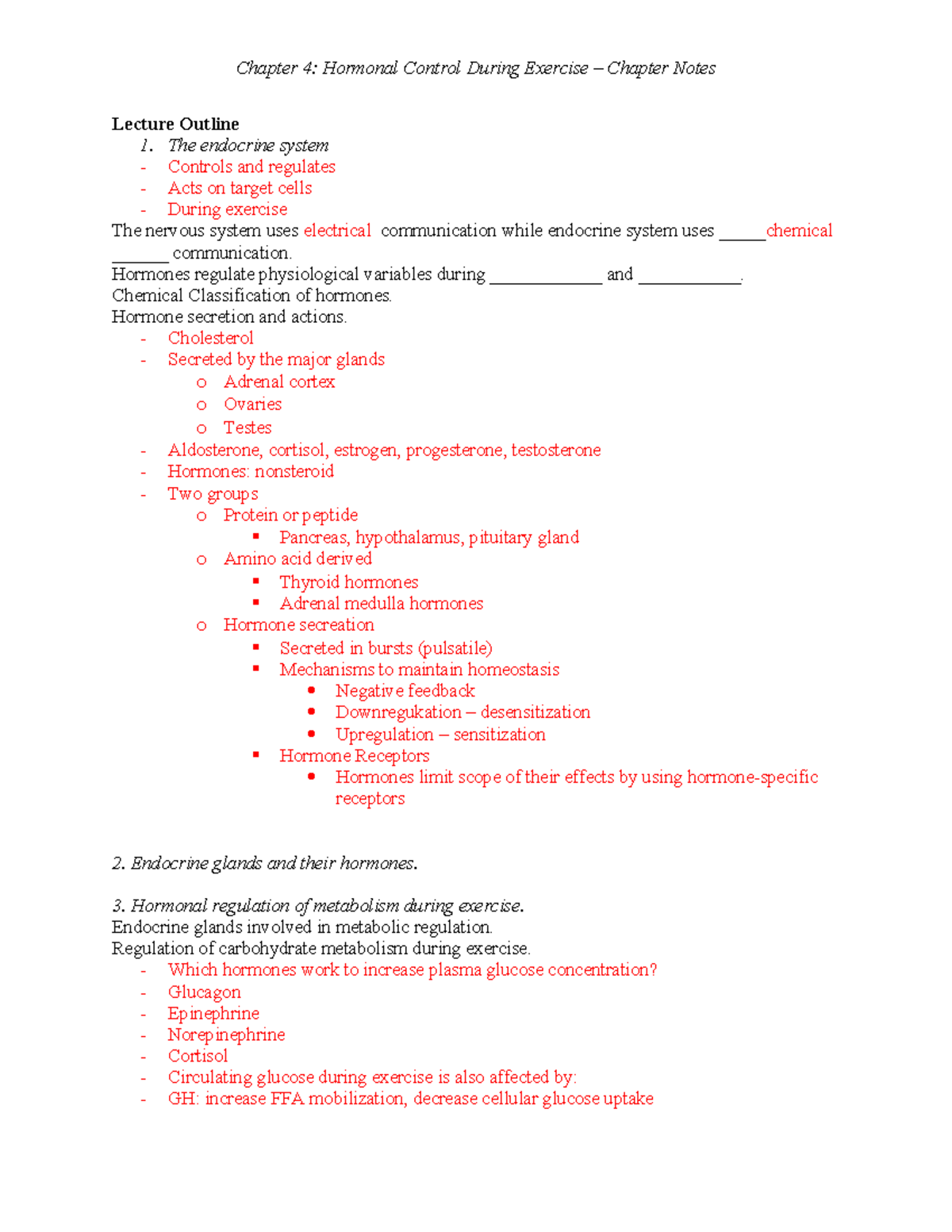KIN358 Chapter 4 Notes- Hormonal Control During Exercise - Lecture ...