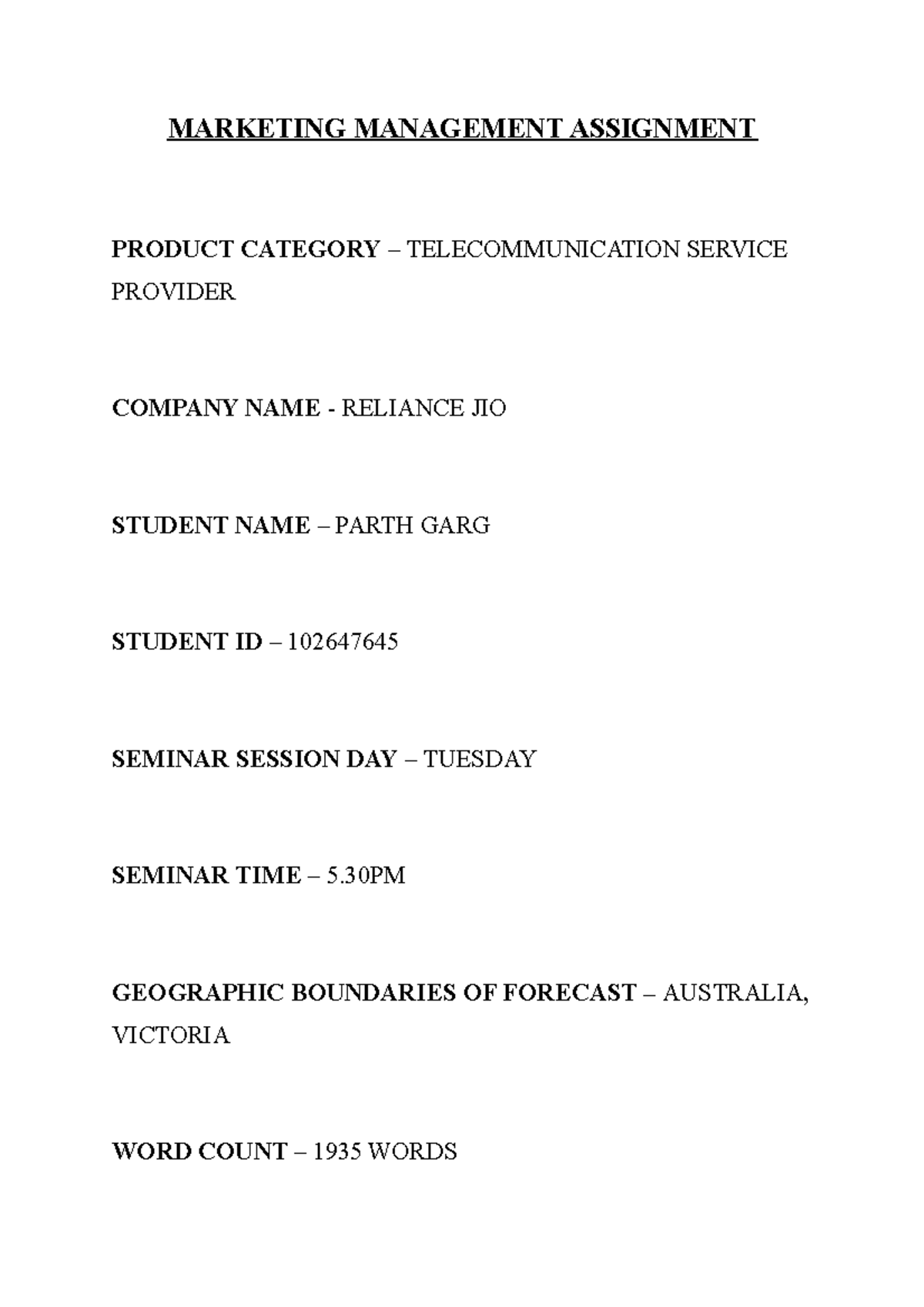 Marketing Assignment 1 - MARKETING MANAGEMENT ASSIGNMENT PRODUCT ...