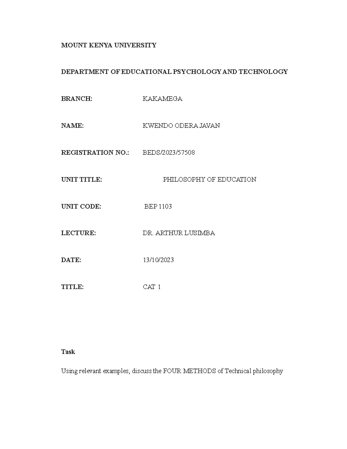Philosophy CAT 1 - n/a - MOUNT KENYA UNIVERSITY DEPARTMENT OF ...