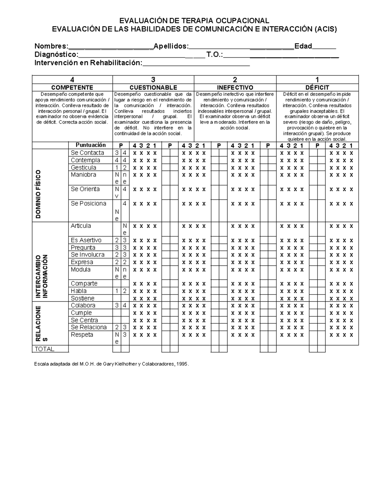 ACIS - EVALUACIÓN DE TERAPIA OCUPACIONAL EVALUACIÓN DE LAS HABILIDADES ...