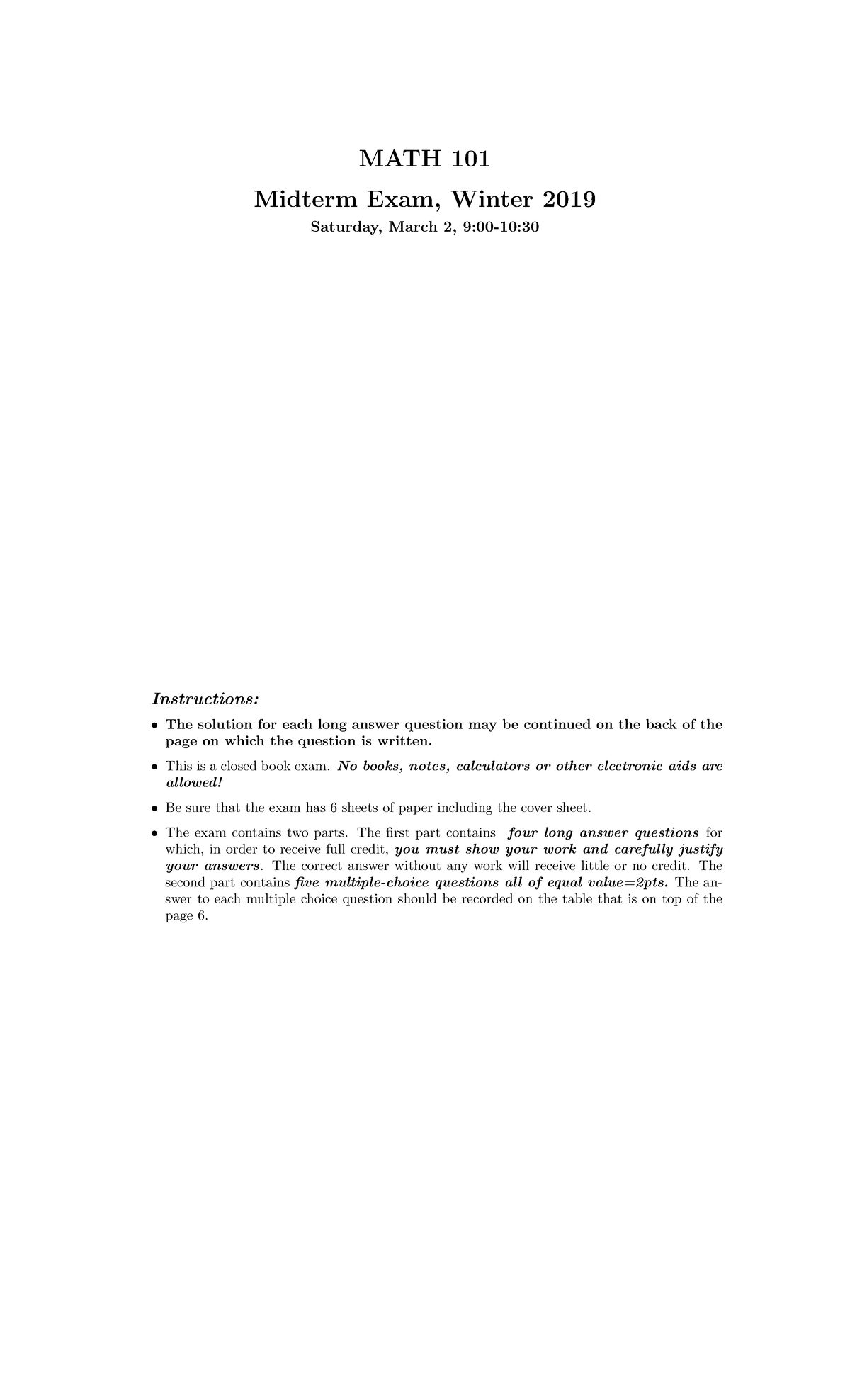 MATH 101 Winter 2019 midterm exam with solutions (Version 1) - MATH 101 Midterm Exam, Winter ...