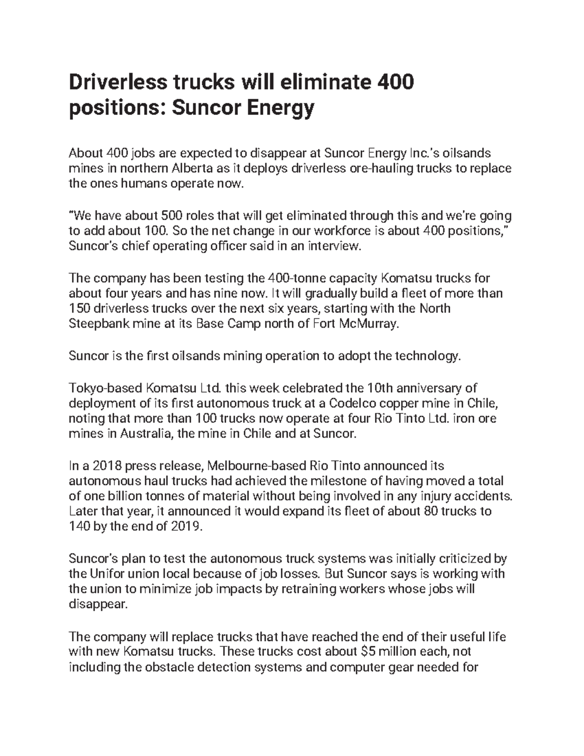 Termpaper Case Suncor - case for term paper - Driverless trucks will eliminate 400 positions ...