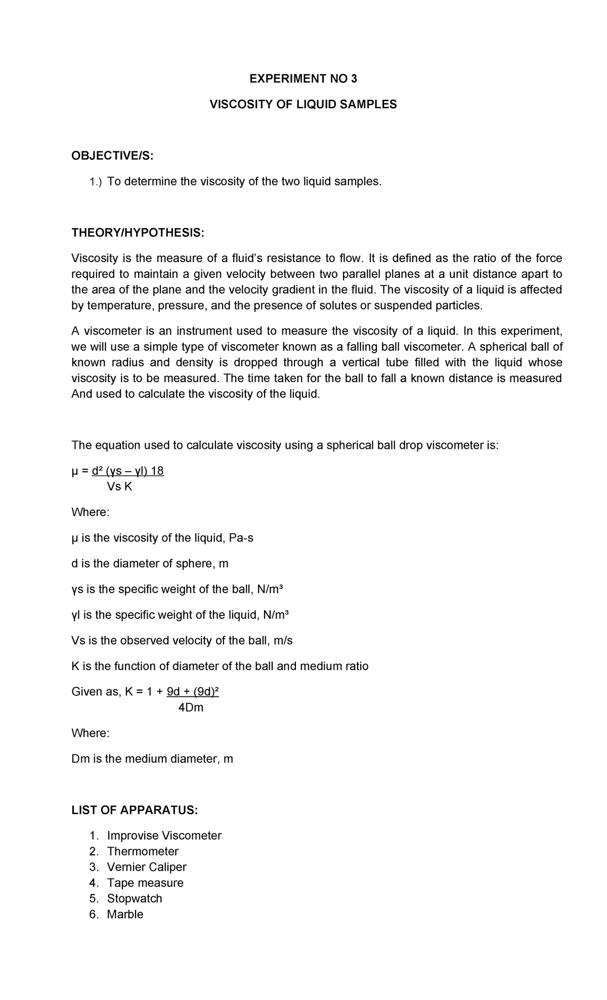 ME 3217 Experiment 3 Spherical Ball Drop Viscometer - EXPERIMENT NO 3 ...