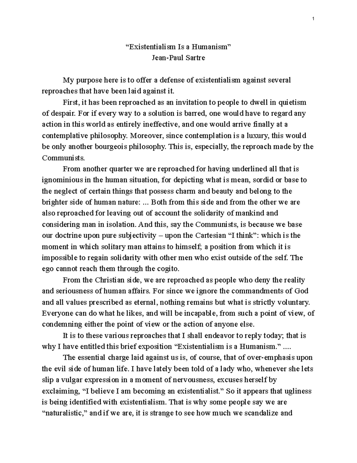 Existentialism is Humanism - “Existentialism Is a Humanism” Jean-Paul ...