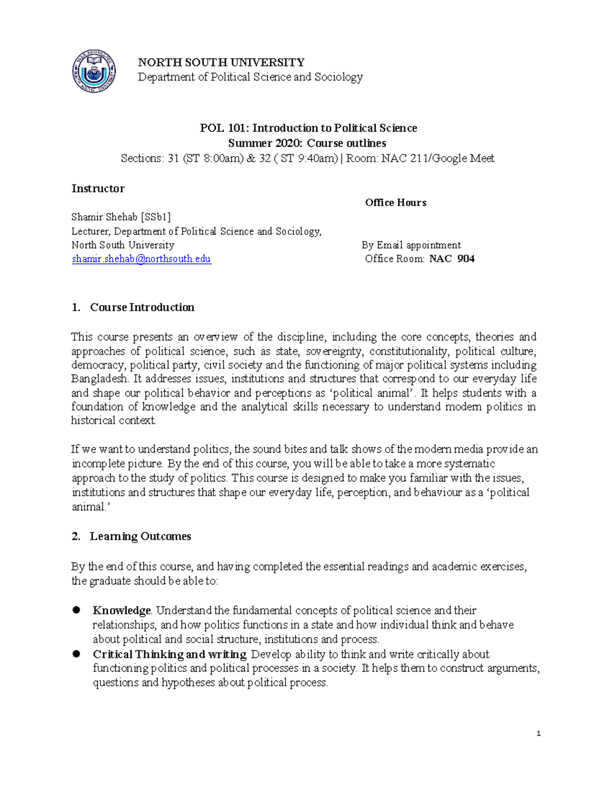 Course outlines - Department of Political Science and Sociology POL 101 ...