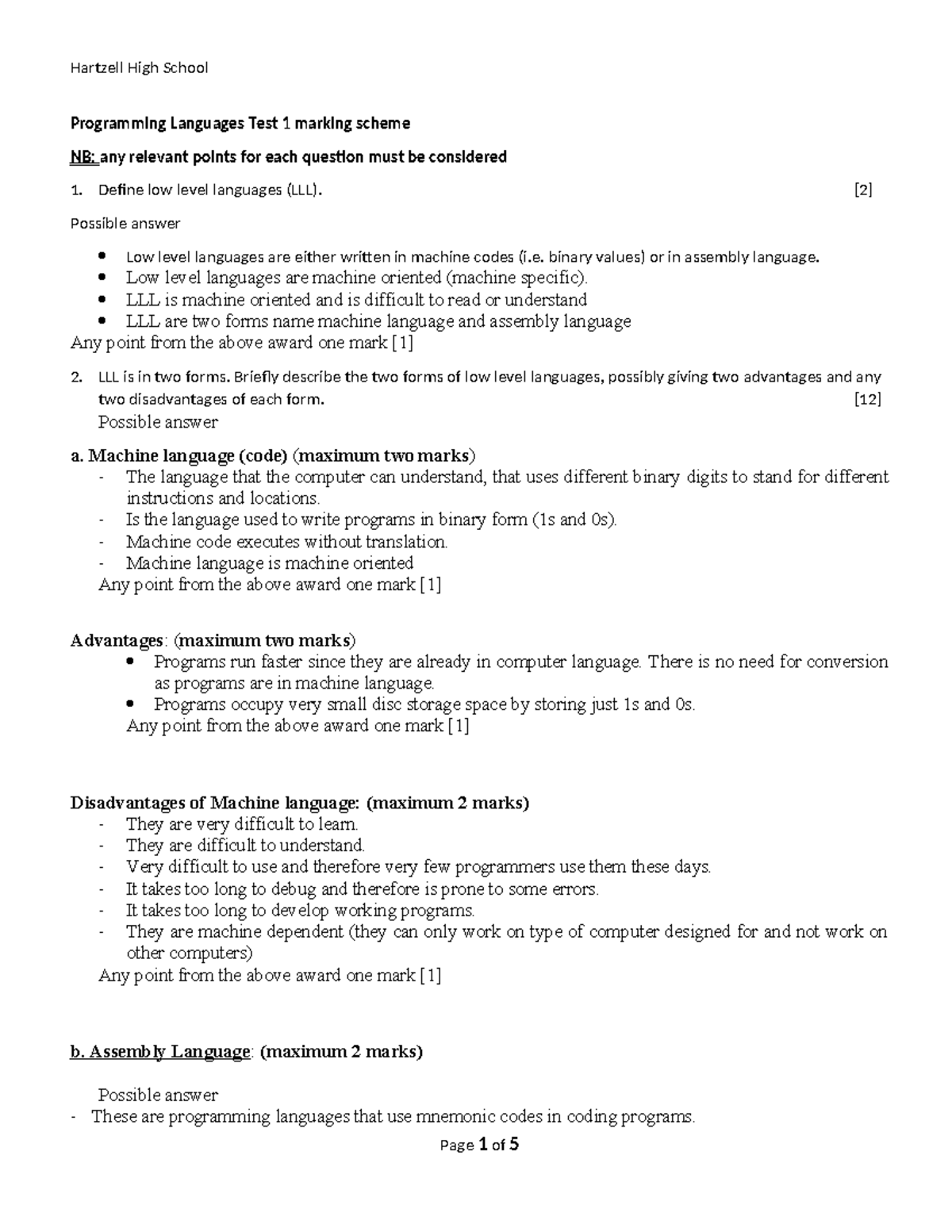 SP Programming-Languages-Marking-Scheme - Programming Languages Test 1 ...