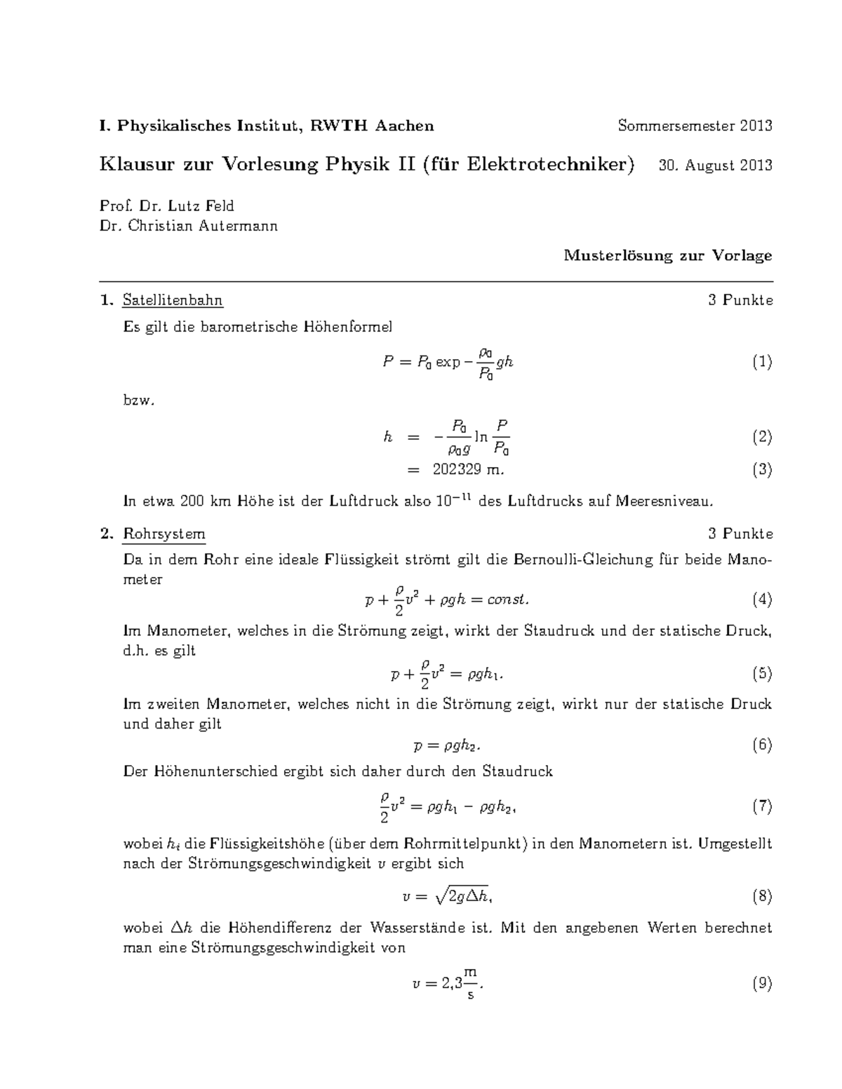 Klausur SS2013 Lösung - I. Physikalisches Institut, RWTH Aachen Sommersemester 2013 Klausur zur ...
