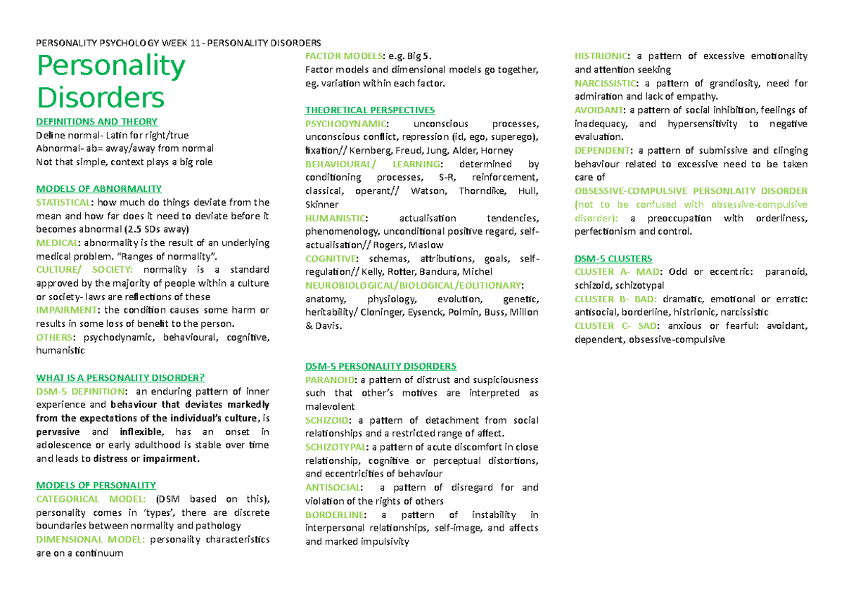 Week 11 - Personality Disorders - PERSONALITY PSYCHOLOGY WEEK 11 ...