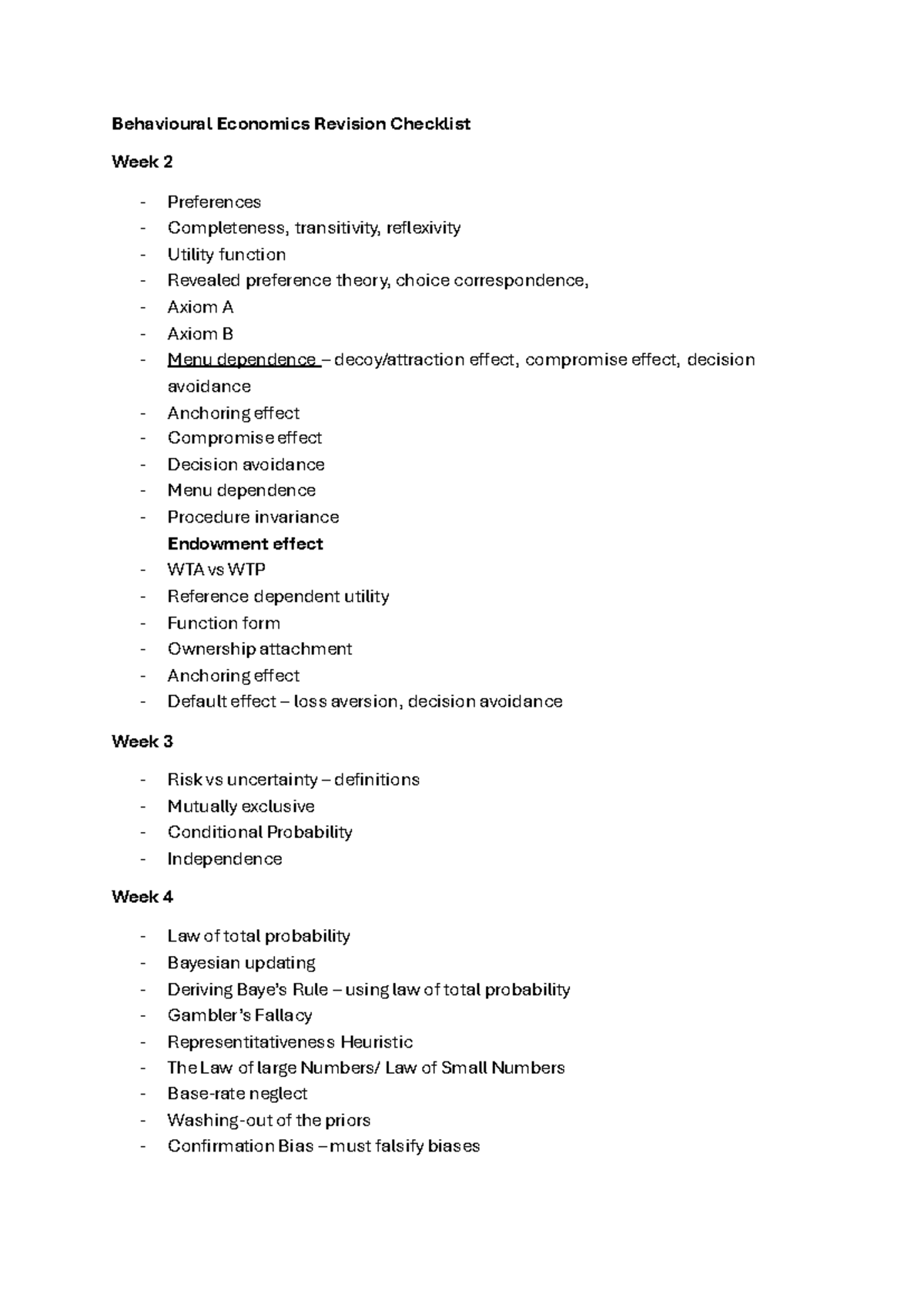 Behavioural Economics Revision Checklist - Studocu