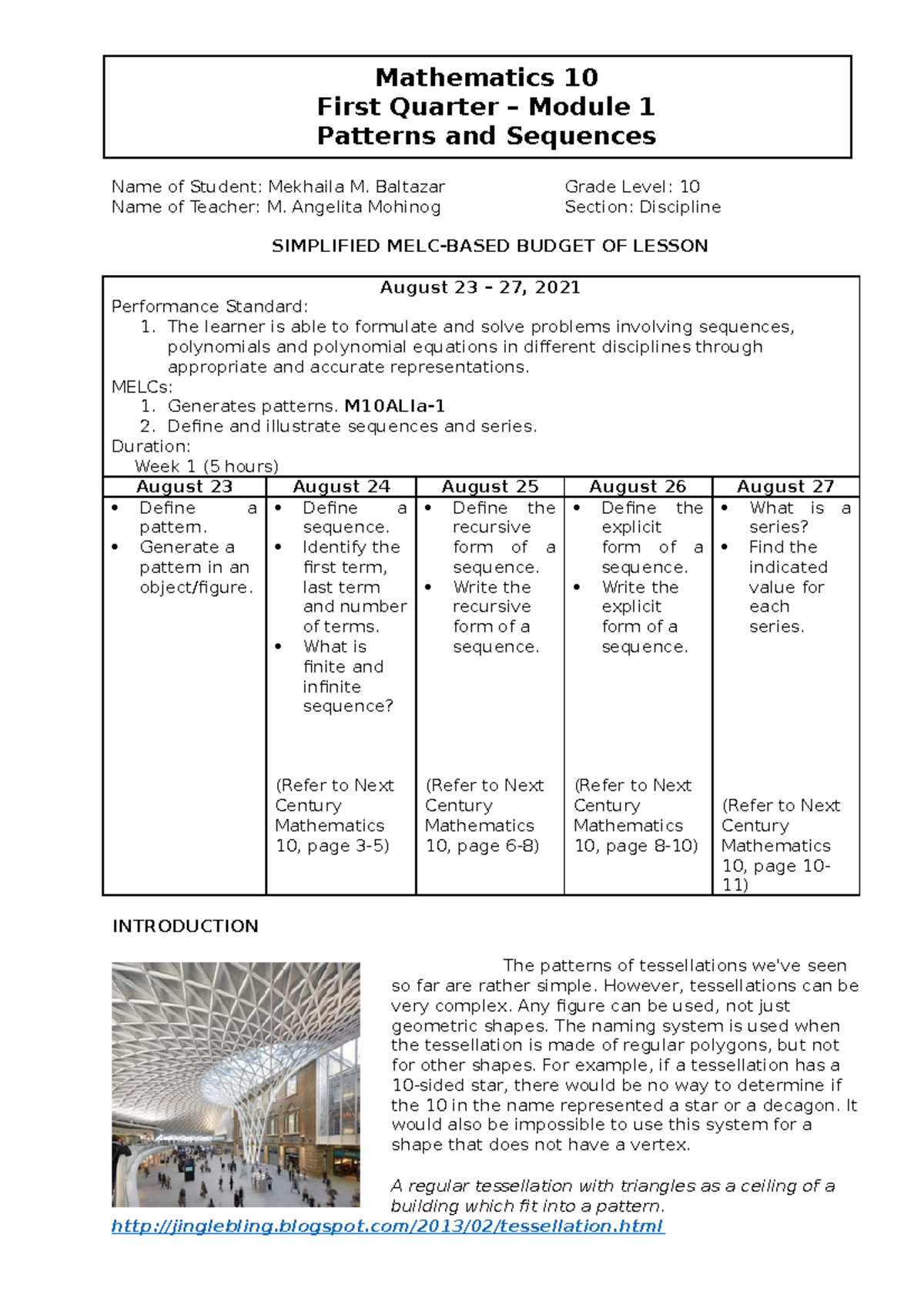 Math 10-1-1 - Modules - Name of Student: Mekhaila M. Baltazar Grade ...