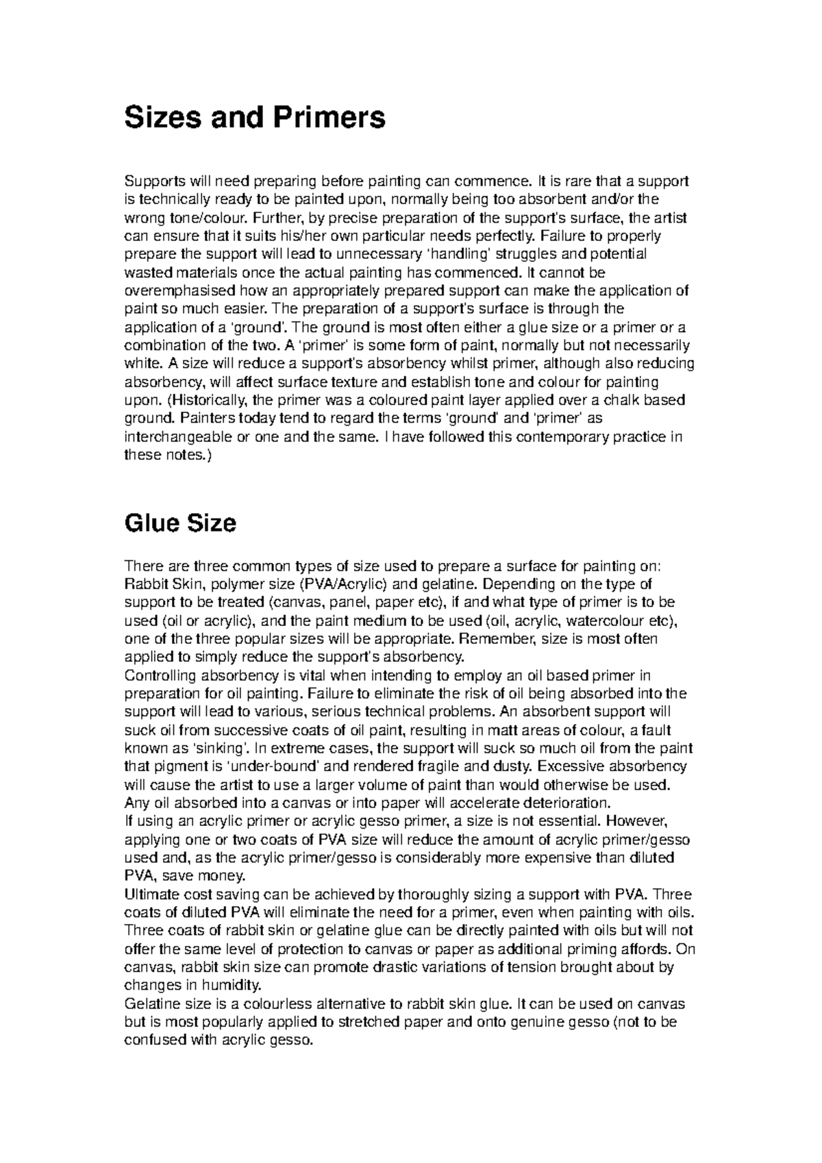 Sizes and Primers - Sizes and Primers Supports will need preparing ...