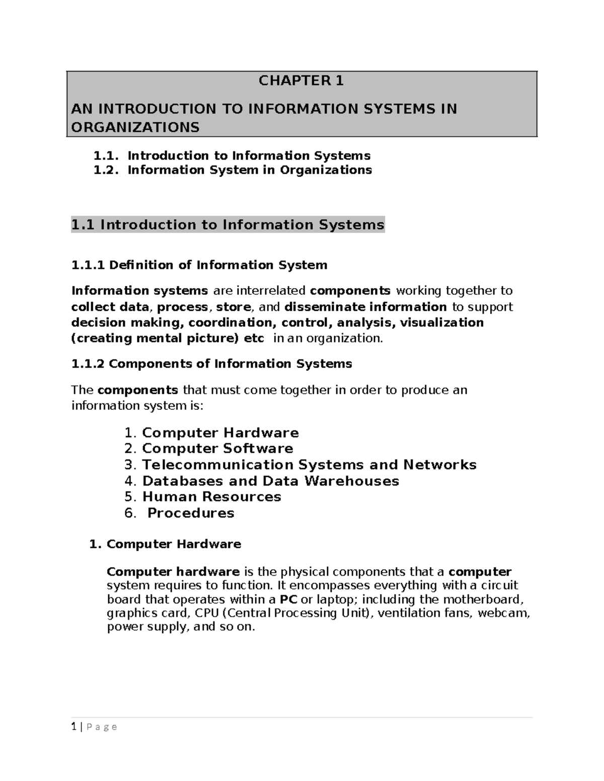 Chapter - 1 - Note - CHAPTER 1 AN INTRODUCTION TO INFORMATION SYSTEMS ...