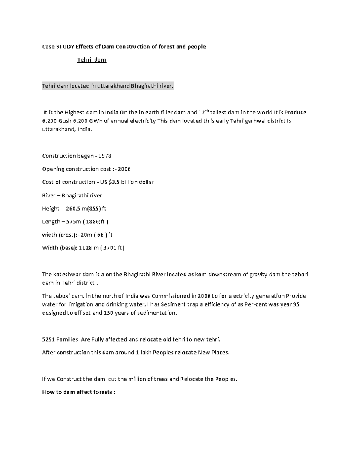 Case study of tehri dam - Case STUDY Effects of Dam Construction of ...
