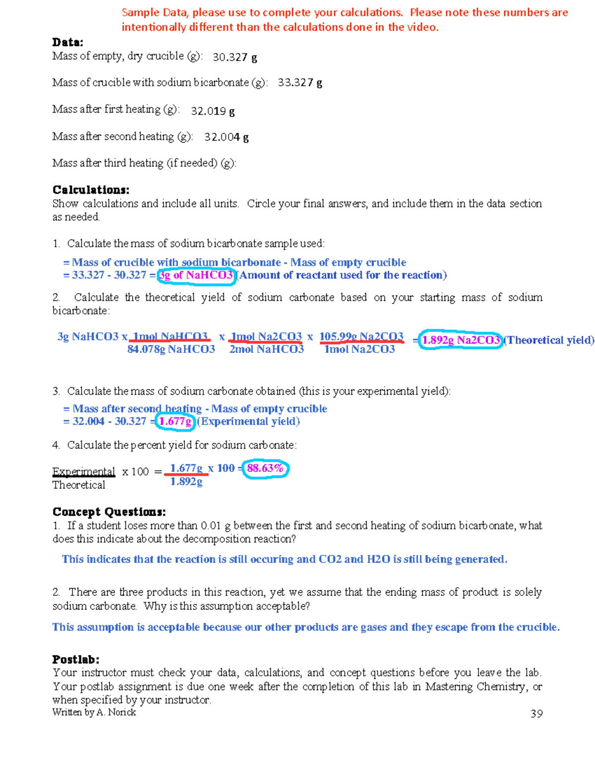 Percent Yield Of Sodium Carbonate Worksheet Written By A Norick 39