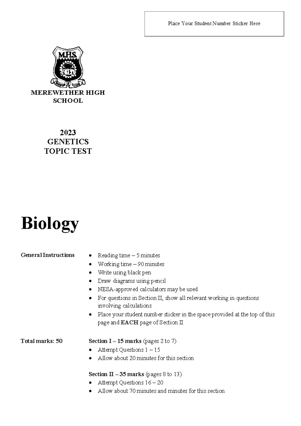 2023 Year 12 Genetics Topic Test - MEREWETHER HIGH SCHOOL 2023 GENETICS ...