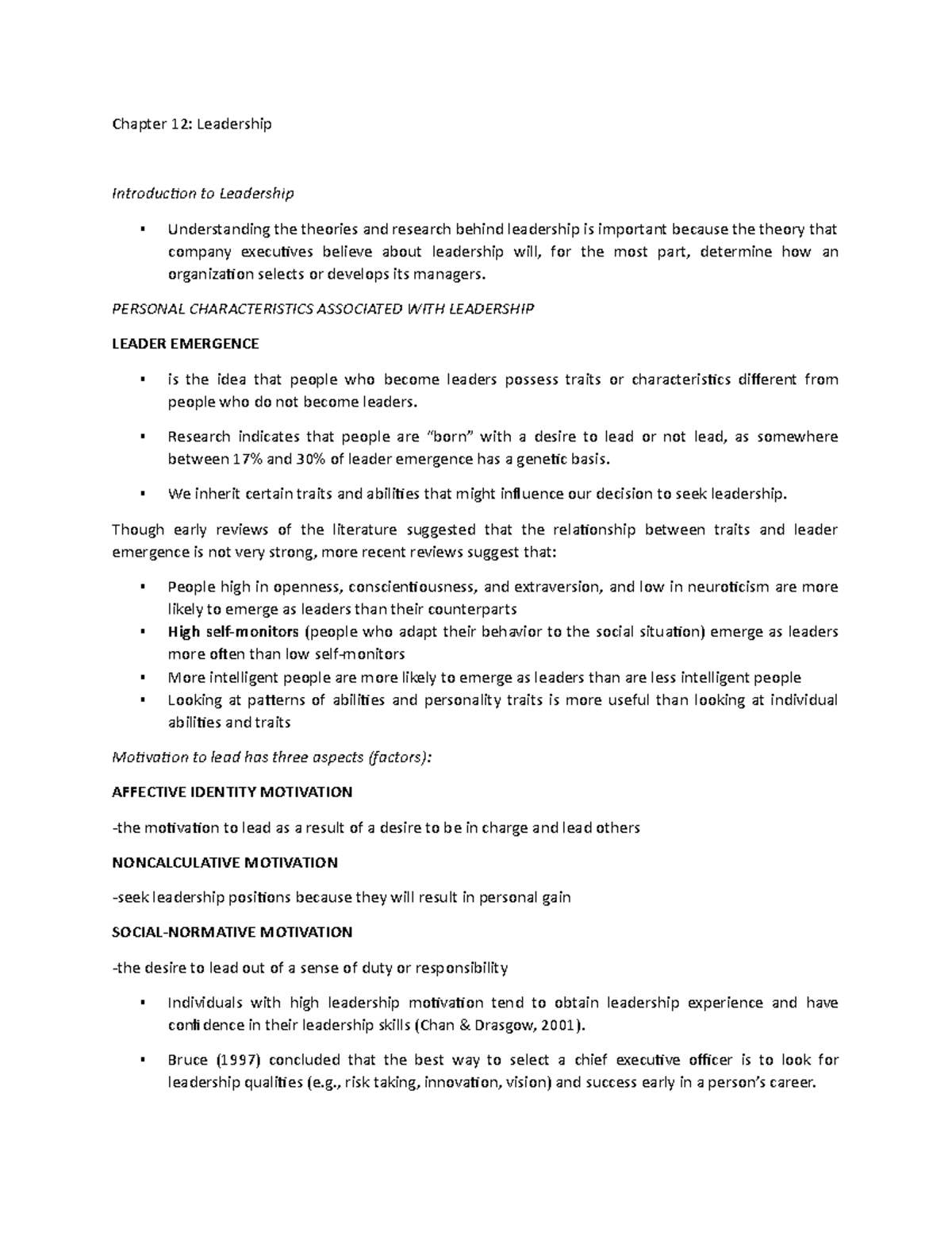 C12 Leadership - Lecture notes 12 - Chapter 12: Leadership Introduction ...