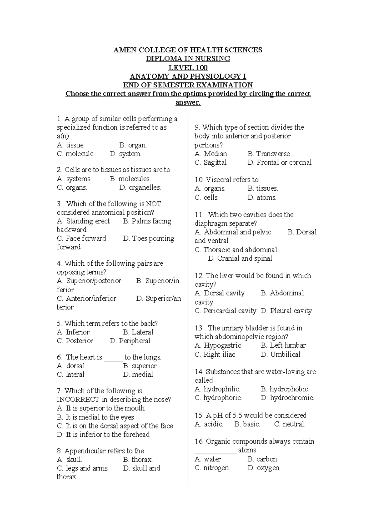 Anatomy AND Physiology 1 - AMEN COLLEGE OF HEALTH SCIENCES DIPLOMA IN ...