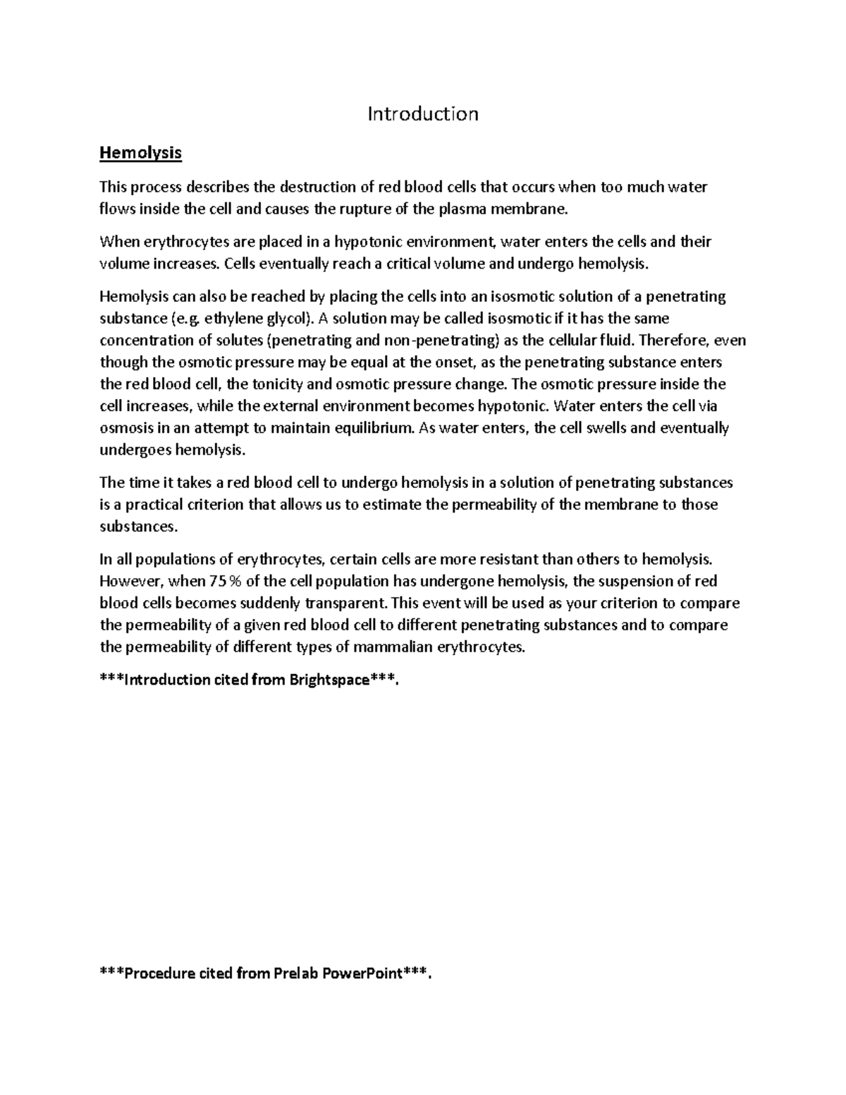 Lab Bio 1140 Red blood cell RBC - Introduction Hemolysis This process ...