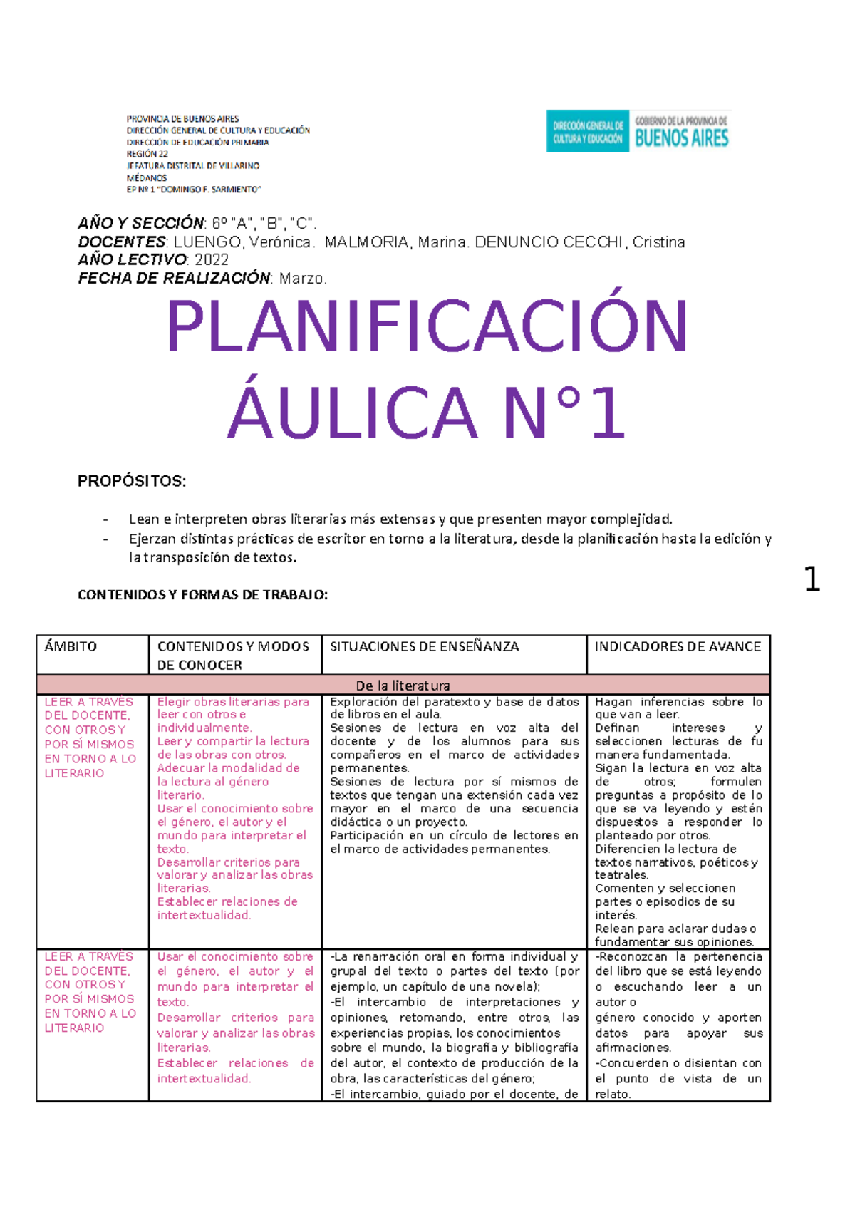 Planificación Áulica 1- Prácticas - AÑO Y SECCIÓN: 6º “A”, “B”, “C ...