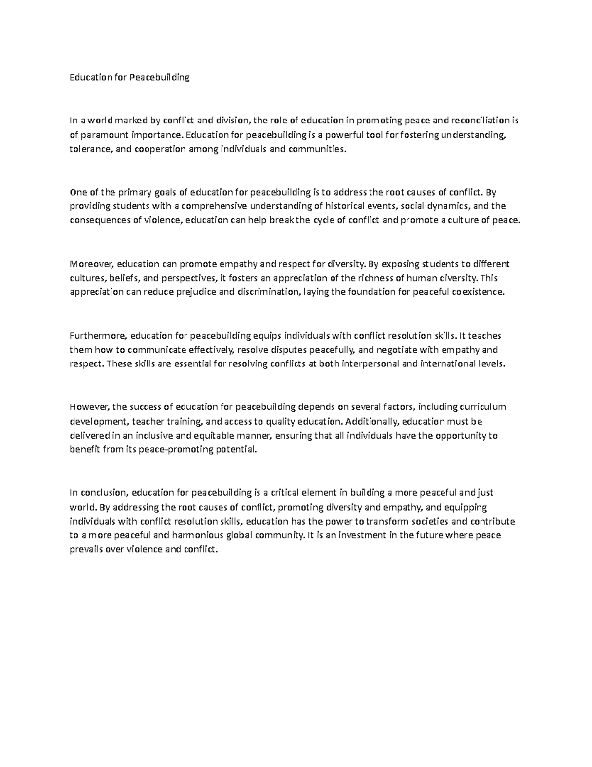 Education for Peacebuilding - Education for peacebuilding is a powerful ...