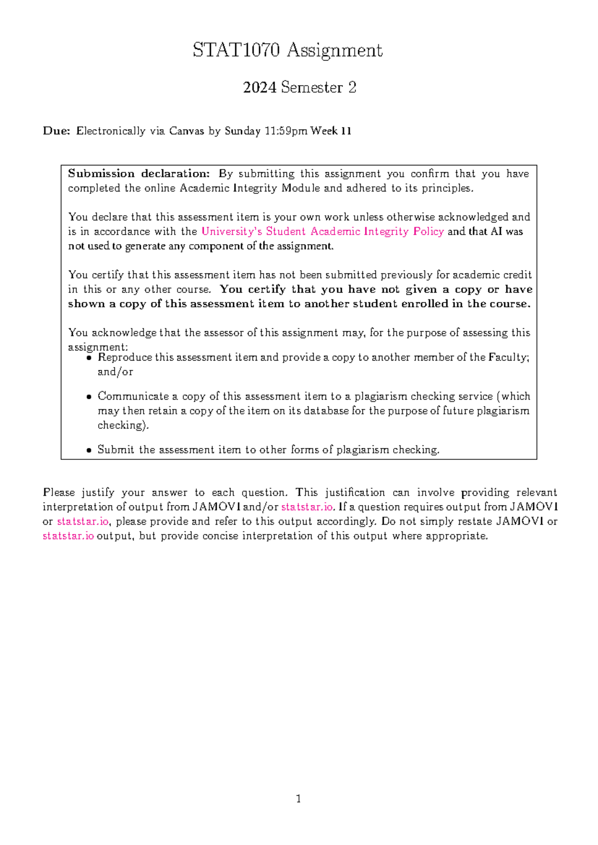 STAT1070 Sem 2 2024 Assignment - STAT1070 Assignment 2024 Semester 2 Due: Electronically via ...