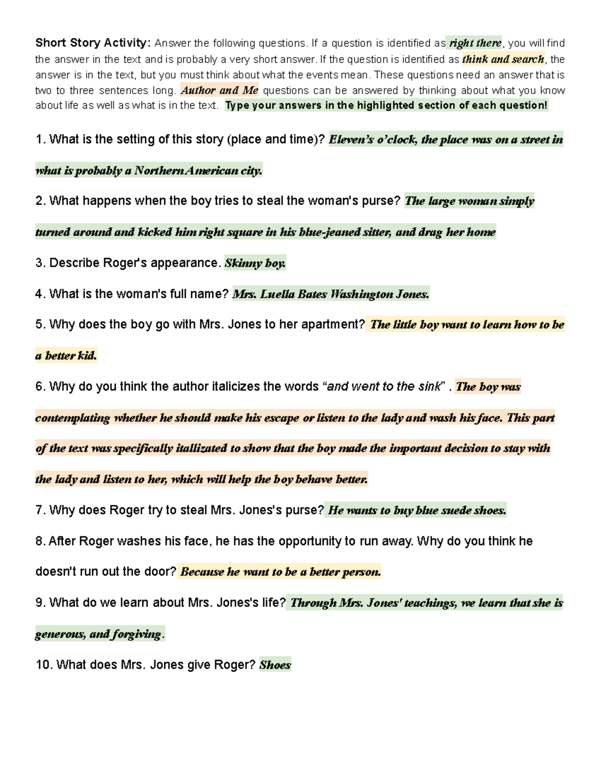 Thank You, Ma'am - Short Story Activity: Answer the following questions ...