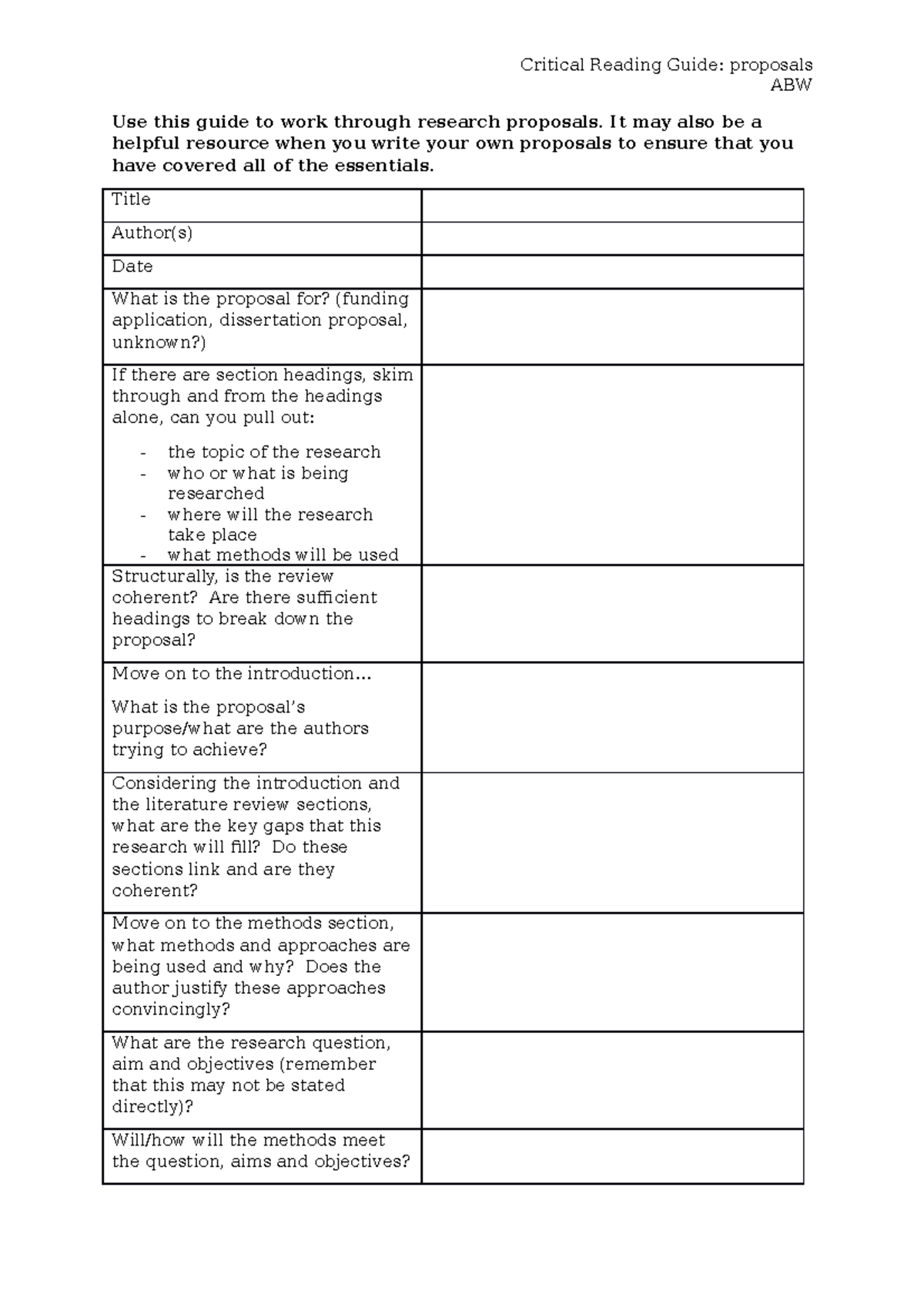 Proposal reading guide - Critical Reading Guide: proposals ABW Use this ...