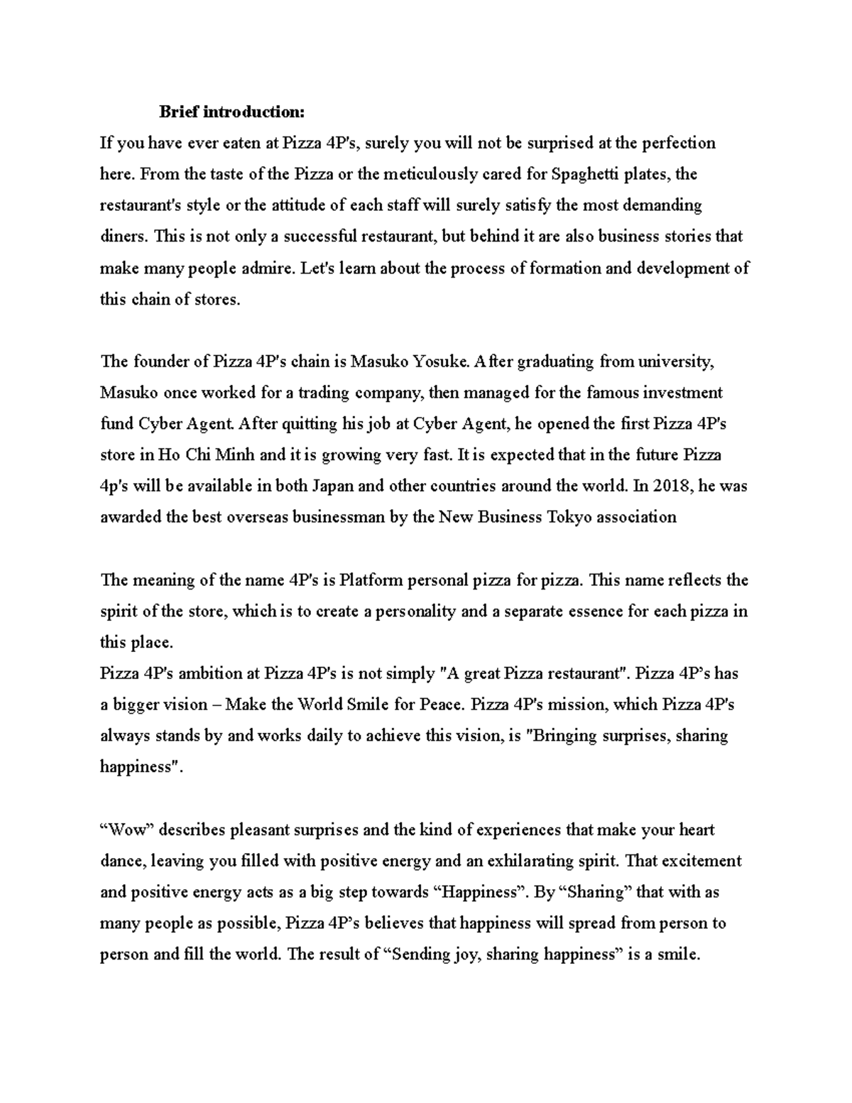 Brief introduction overview of the business operation - Brief ...