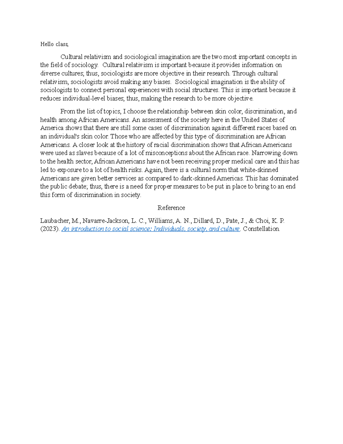 SSC 101 W2 D - Work done - Hello class, Cultural relativism and ...