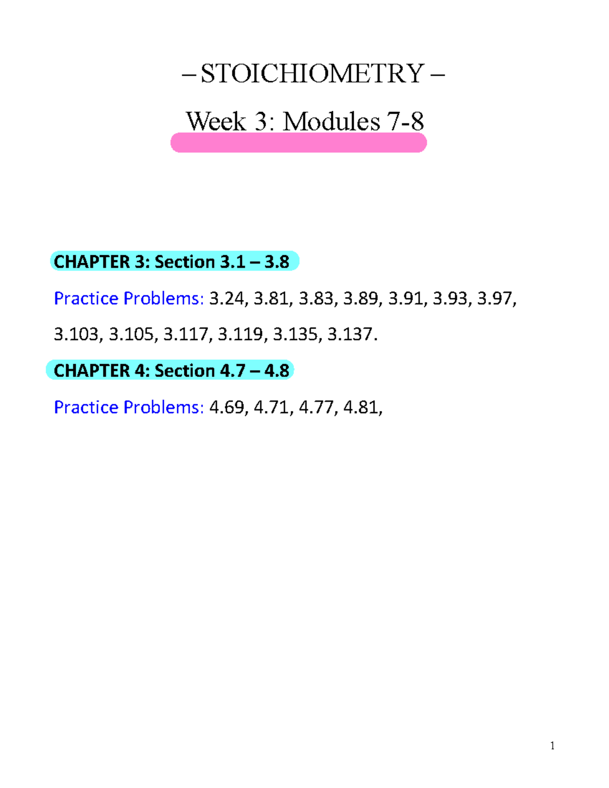3. Stoichiometry and Chemical Reactions- Modules 7-12 - ± 672,&+,20(75