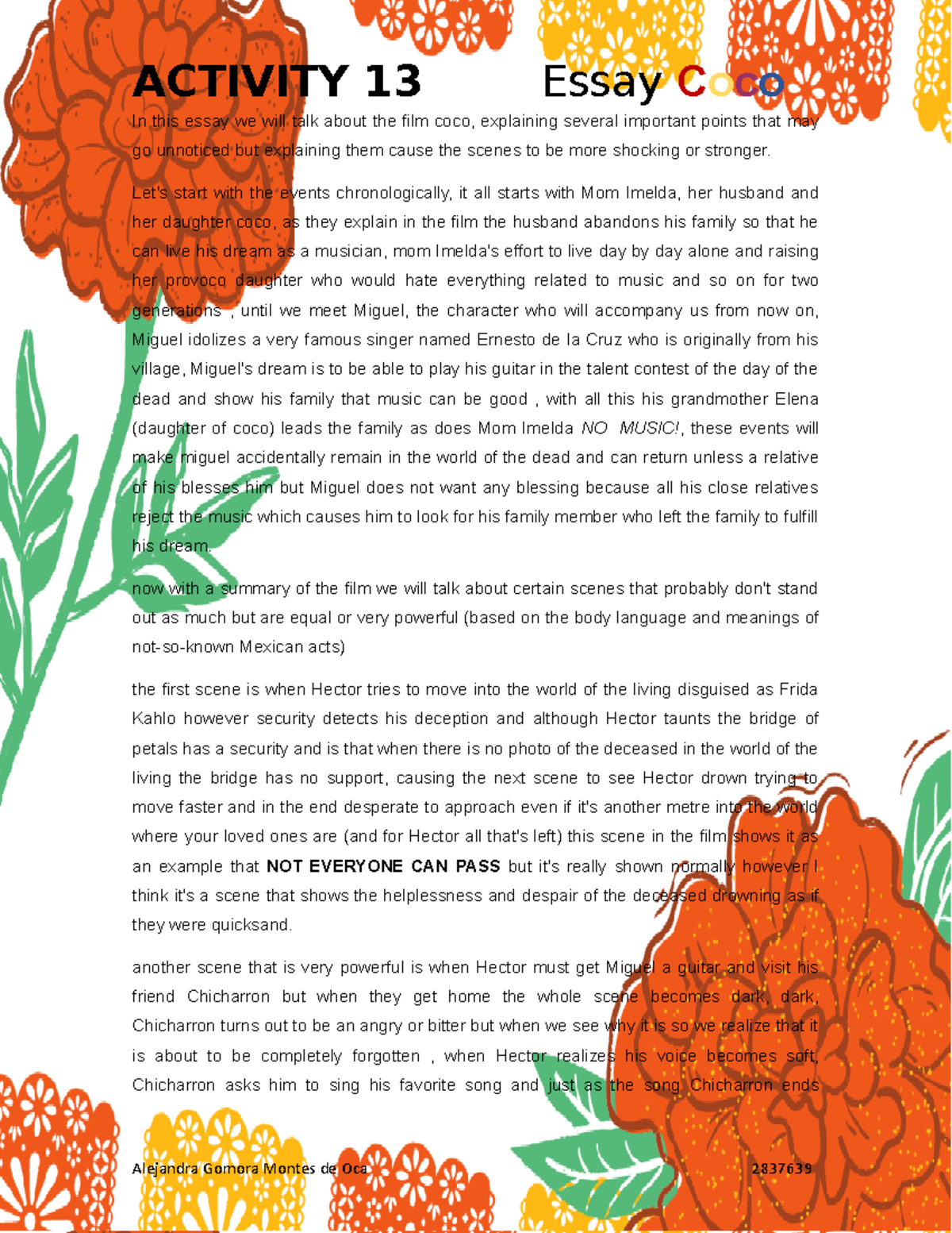 Activity 13 - 2021 - ACTIVITY 13 Essay Coco In this essay we will talk ...