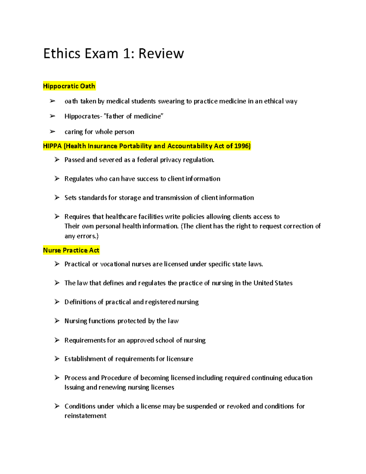 Ethics Review Test Ch 1-5,7 - Ethics Exam 1: Review Hippocratic Oath ...