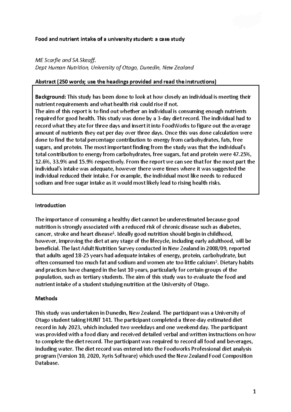 HUNT141 written assignment - Food and nutrient intake of a university ...