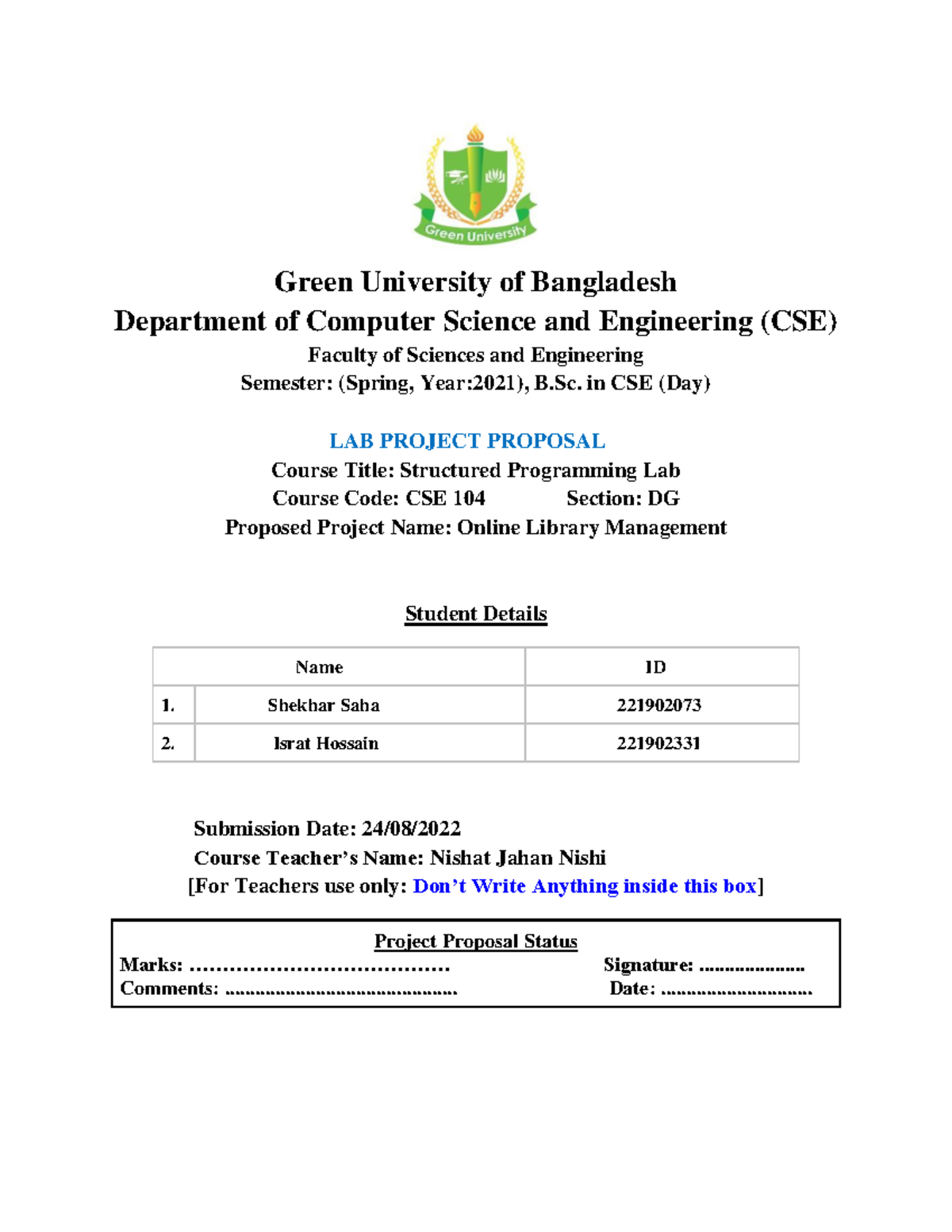CSE-104 Project Proposal - Green University of Bangladesh Department of ...