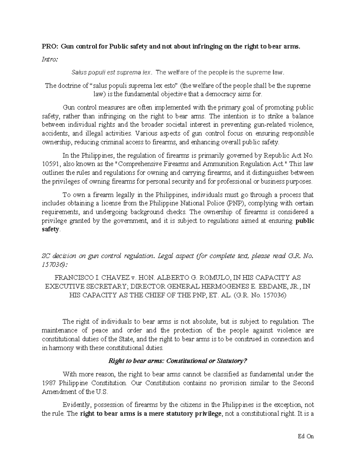 PRO Gun Control legal context - PRO: Gun control for Public safety and ...