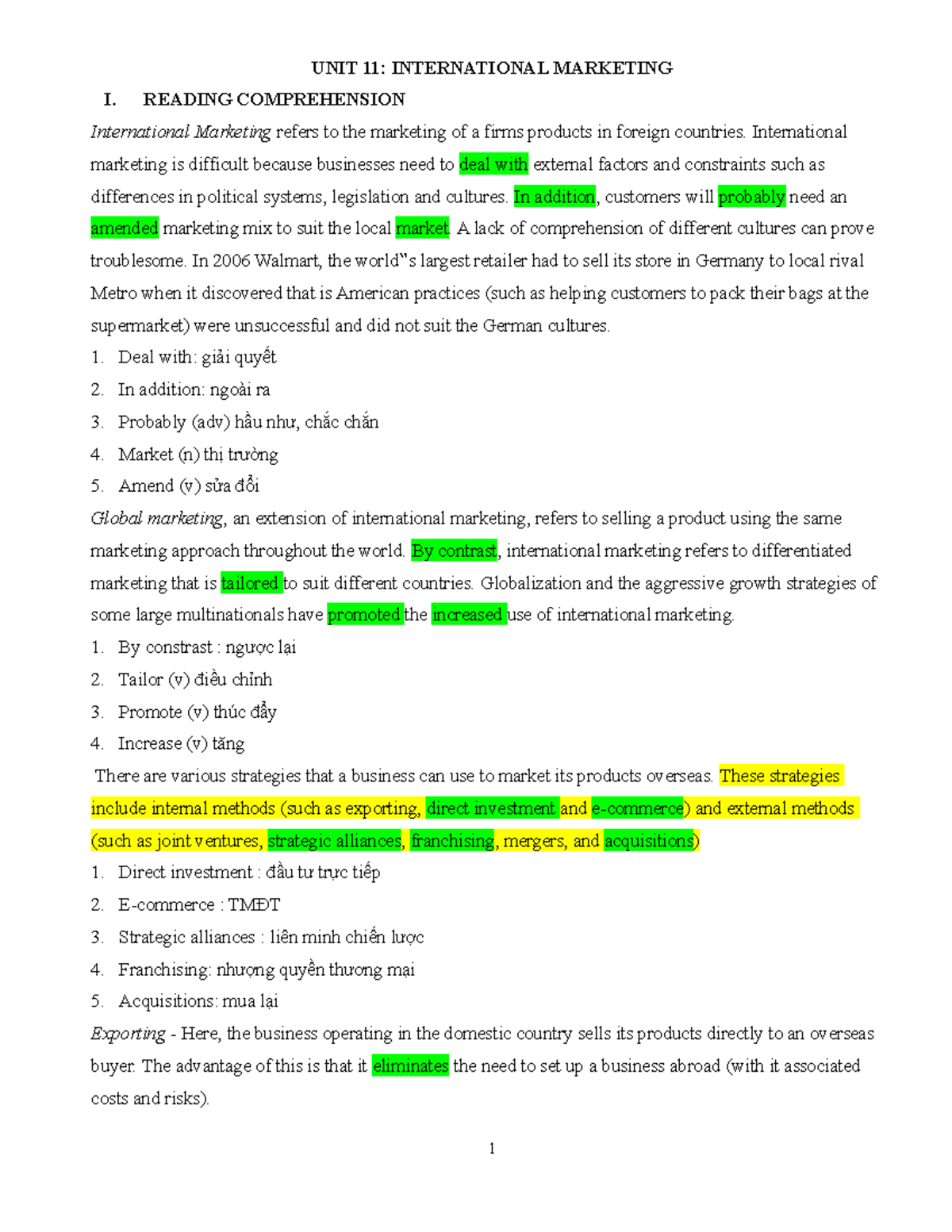 Tiếng anh chuyên - UNIT 11: INTERNATIONAL MARKETING I. READING ...