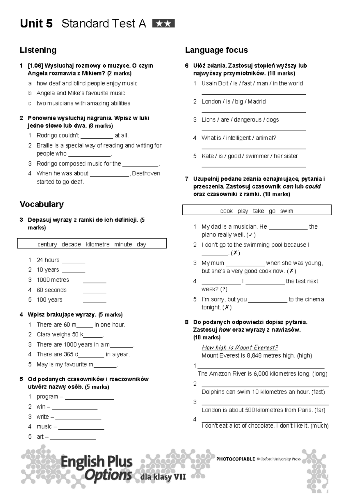 Unit 5 standard test a - angielki - Unit 5 Standard Test A Listening 1 ...