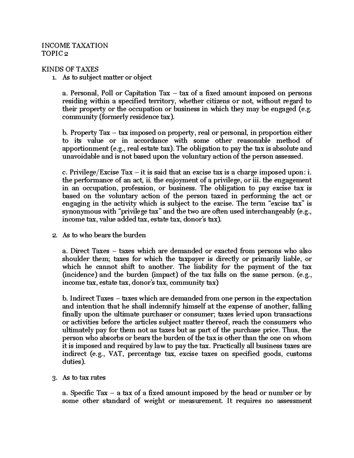 Income TAXATION - INCOME TAXATION TOPIC 2 KINDS OF TAXES As to subject ...