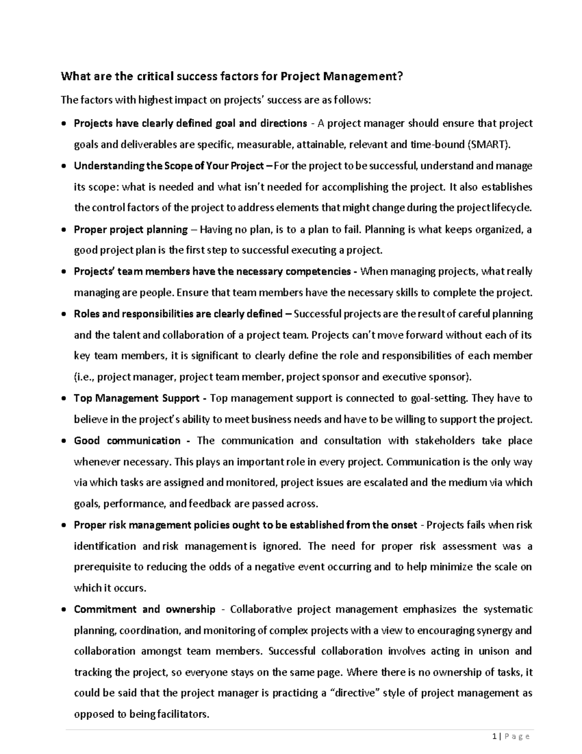 Project Management Critical Success Factors - 1 | P a g e What are the ...