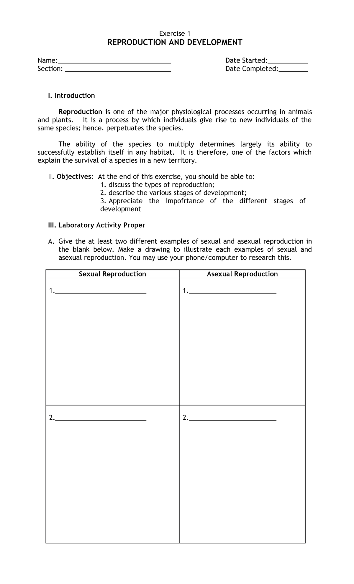 Reproduction and Development - Exercise 1 REPRODUCTION AND DEVELOPMENT ...